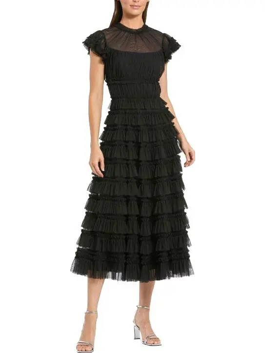 Mac Duggal Ruffle High Neck Midi Dress - Black