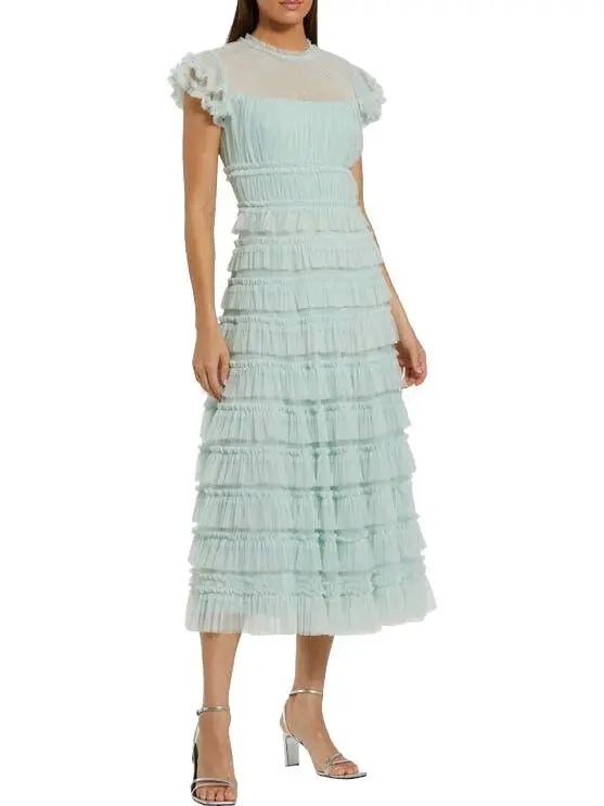 Mac Duggal Ruffle High Neck Midi Dress - Mint