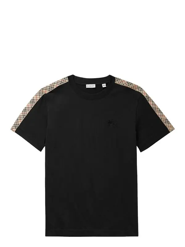 Burberry Logo-embroidered Checked Jacquard-trimmed Cotton-jersey T-shirt - Black