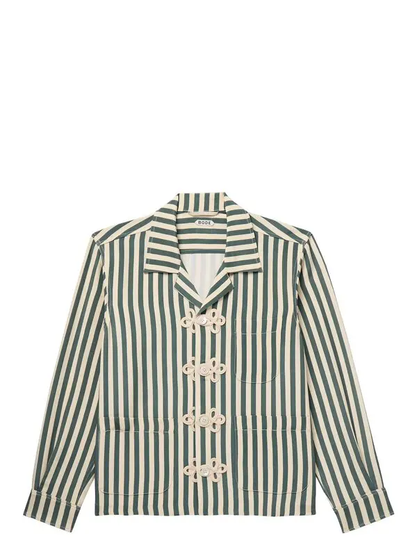 BODE Trillium Camp-collar Appliquéd Striped Silk Shirt - Green