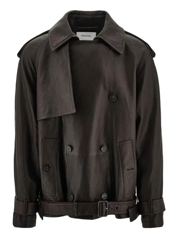 FERRAGAMO Textured Leather Jacket - Brown