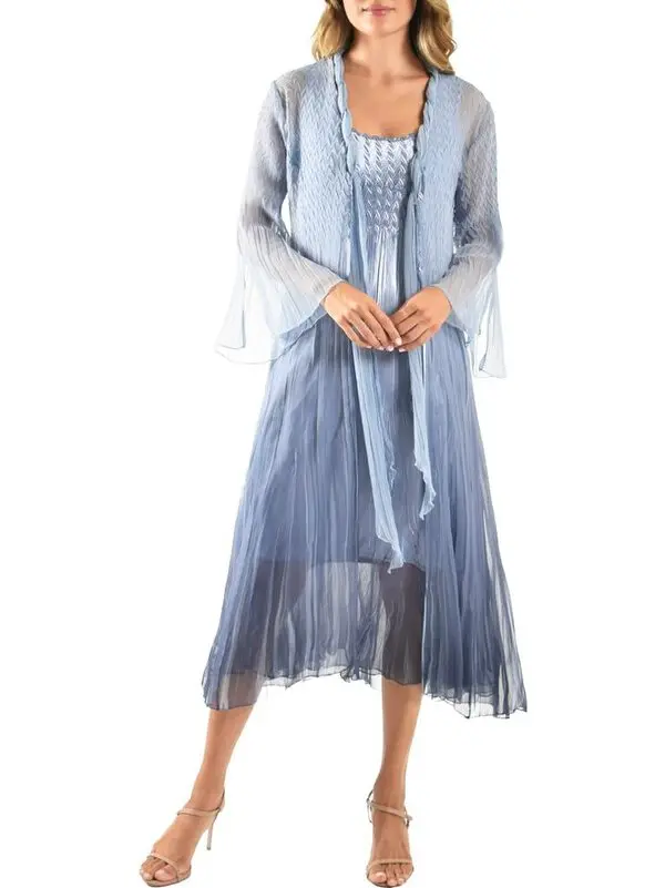 Komarov Charmeuse & Chiffon Cocktail Dress With Duster Jacket - Persian Viol Blue Om
