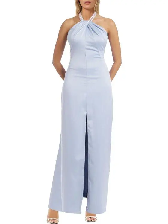 Badgley Mischka Faux Pearl Trim Halter Cocktail Dress - Sky