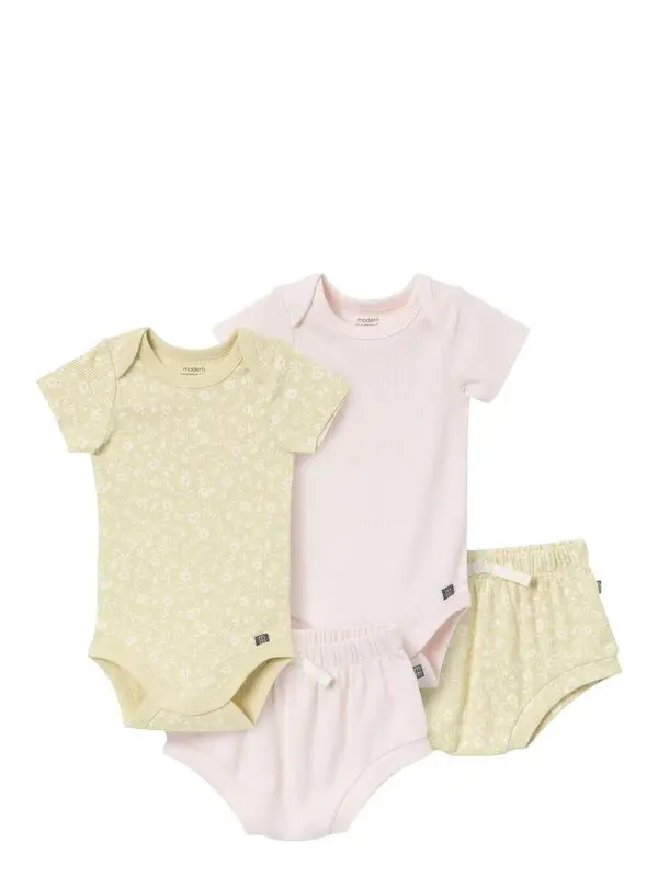 MODERN MOMENTS™ BY GERBER Coordinating Bodysuits & Shorts Set 4-pack - Dusty Yellow Floral/lt Rose