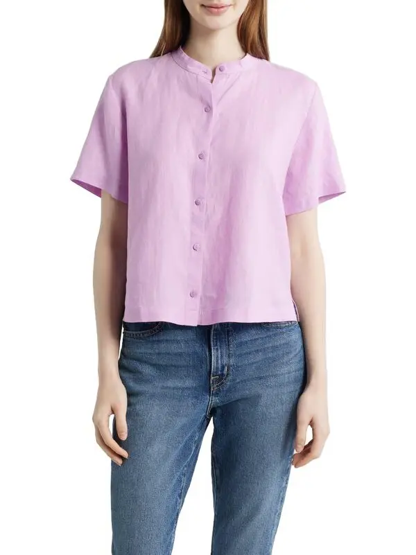 Eileen Fisher Organic Linen Band Collar Shirt - Bright Aster