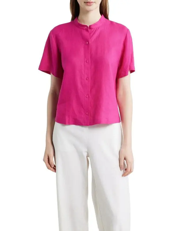 Eileen Fisher Organic Linen Band Collar Shirt - Fuchsia