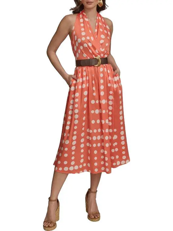Donna Karan New York Polka Dot Belted Midi Dress - Spring Melon