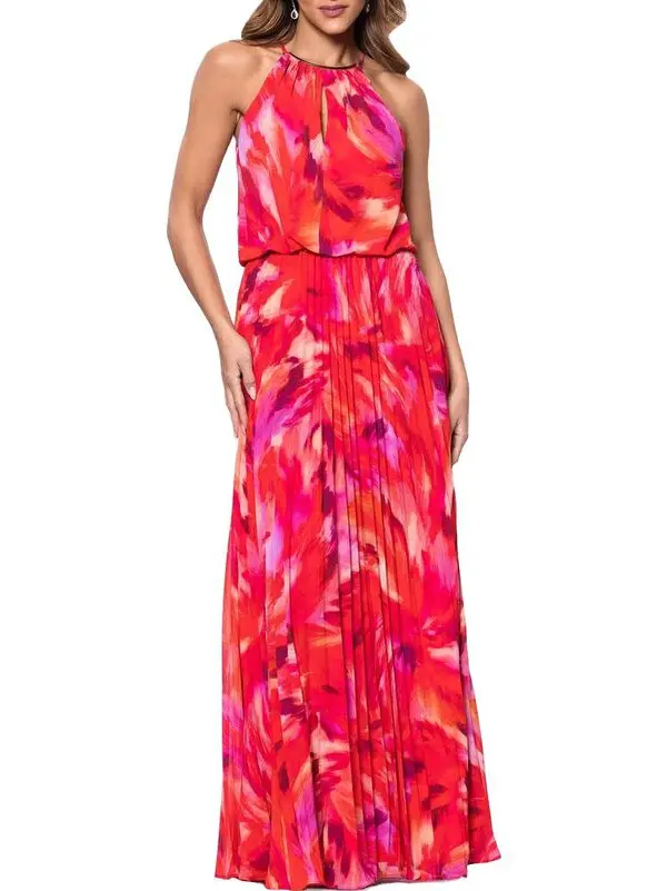 XSCAPE EVENINGS Abstract Floral Pleated Gown - Red/ Pink