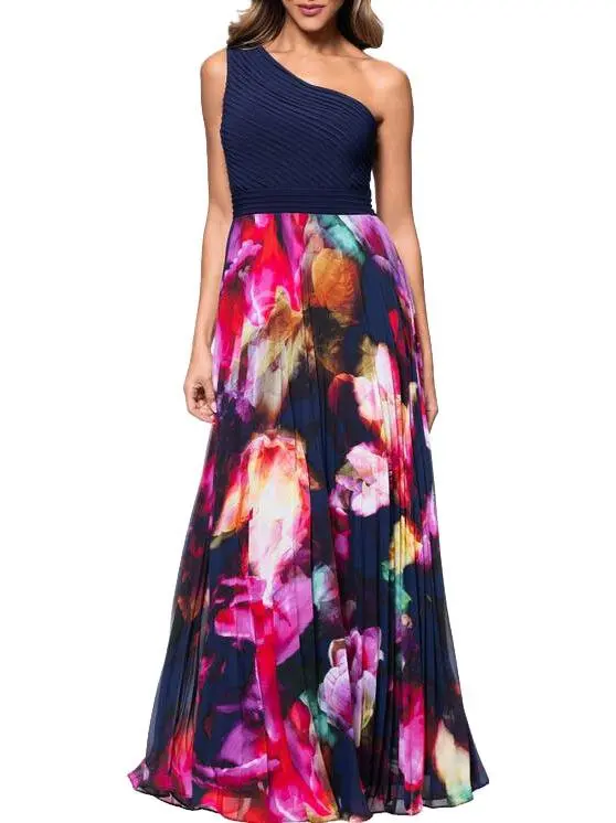 XSCAPE EVENINGS One-shoulder Mixed Media Gown - Navy/ Fuchsia