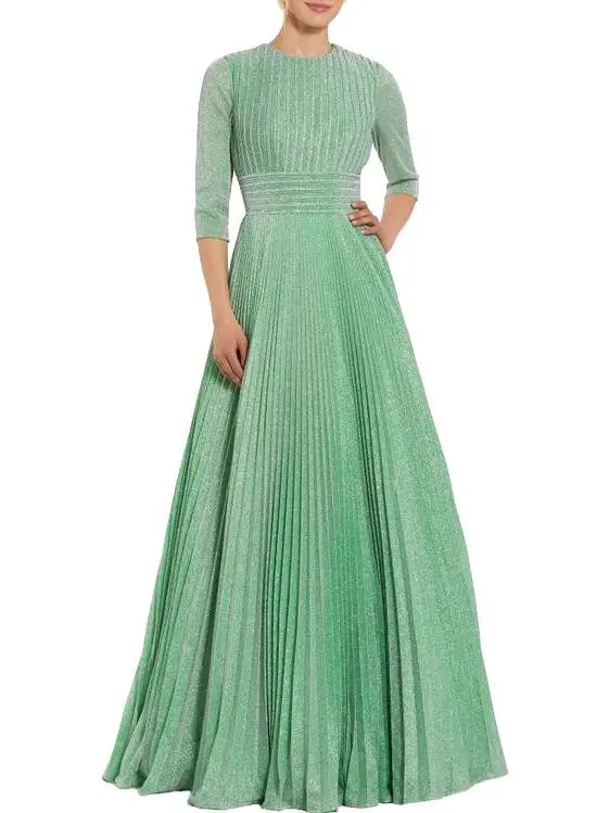 Mac Duggal Shimmering Georgette Pleated Gown - Sage