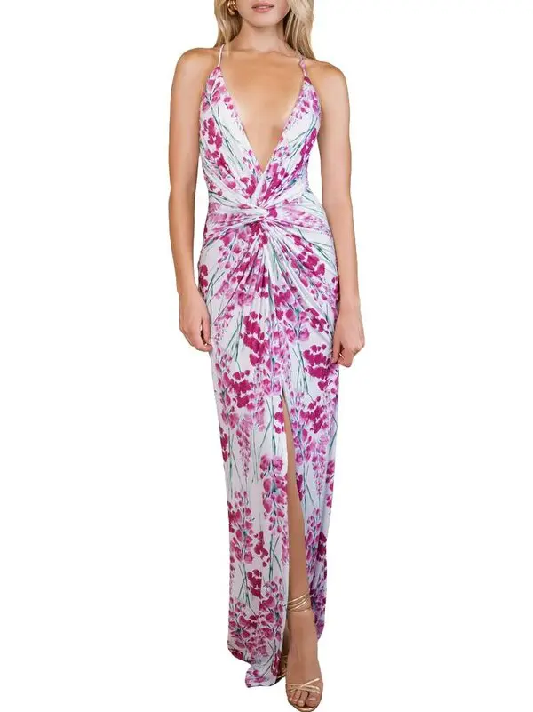 Katie May Pixie Plunge Neck Twist Front Gown - Electric Pink Floral