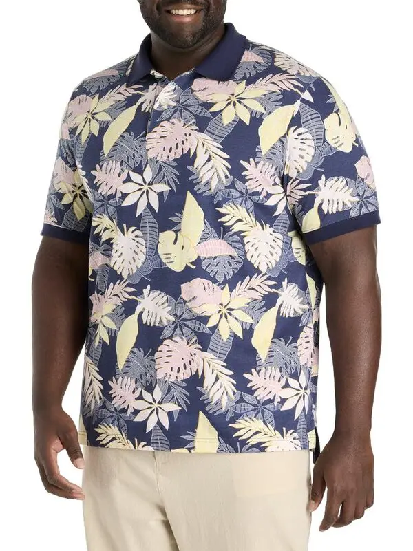 HARBOR BAY BY DXL Big & Tall Tropical Leaves Printed Polo Shirt - Pink