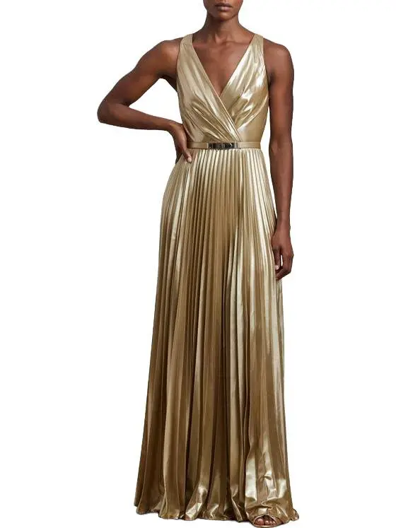 Ralph Lauren Pleated Metallic Chiffon Gown - Tan/ Light Gold Foil