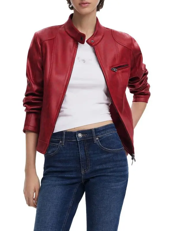 Desigual Faux Leather Moto Jacket - Orange Red
