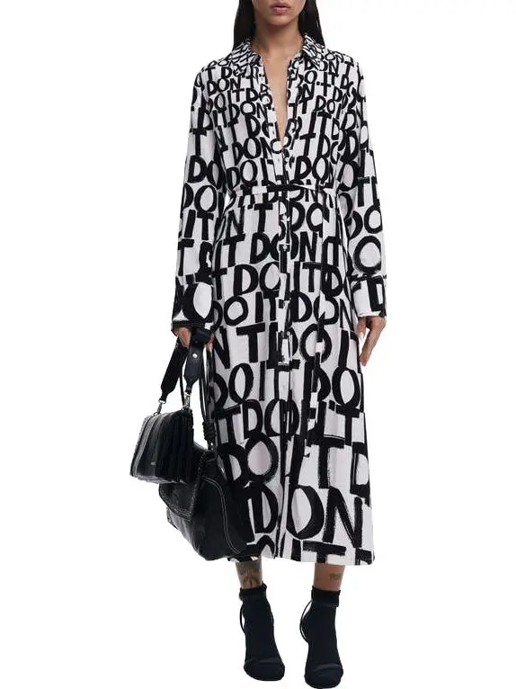 Desigual Print Tie Waist Maxi Shirtdress - White/black