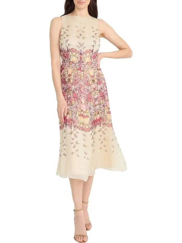 Maggy London Butterfly Print Sleeveless Midi Dress - Ivory/ Pink