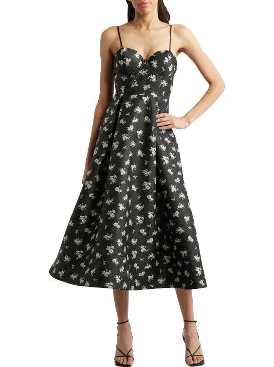Lulus Quinn Floral Jacquard Cocktail Midi Dress - Black Multi