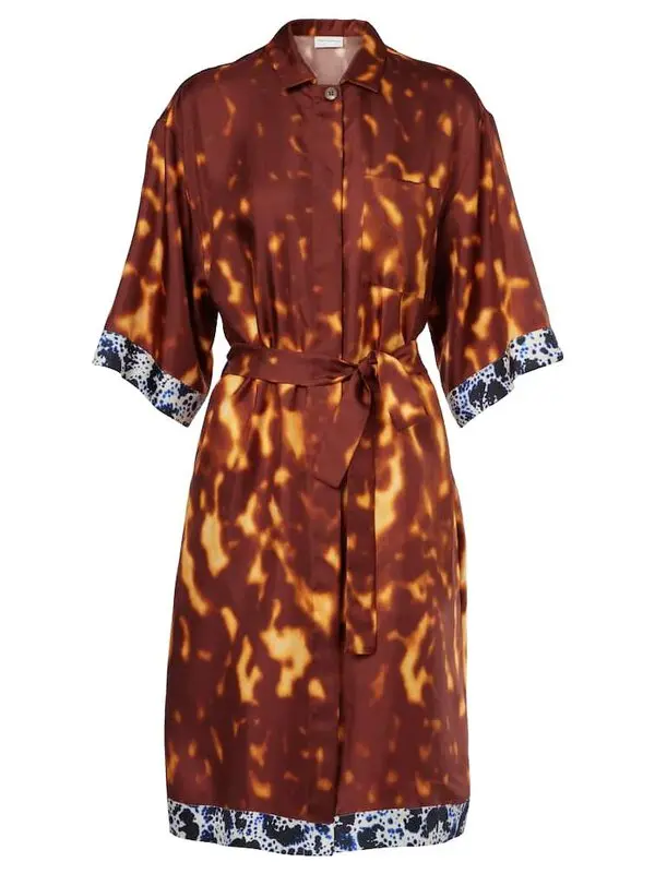Dries Van Noten Belted Printed Silk Shirt Dress - Brown