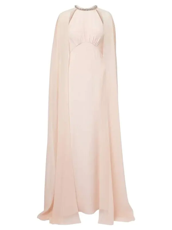 Roland Mouret Embellished Caped Silk Chiffon Gown - Beige