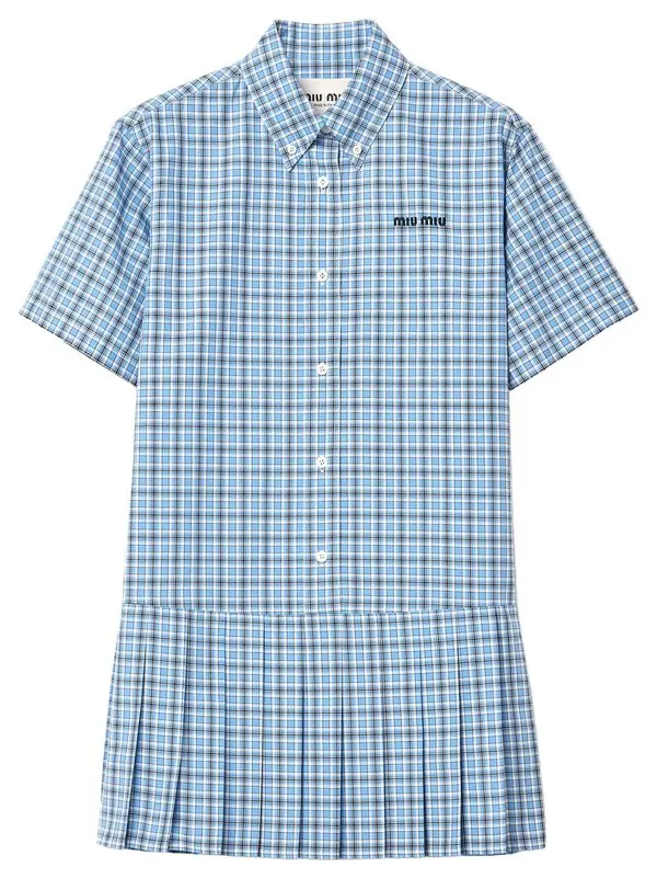 Miu Miu Pleated Checked Poplin Dress - Lightblue / Blue