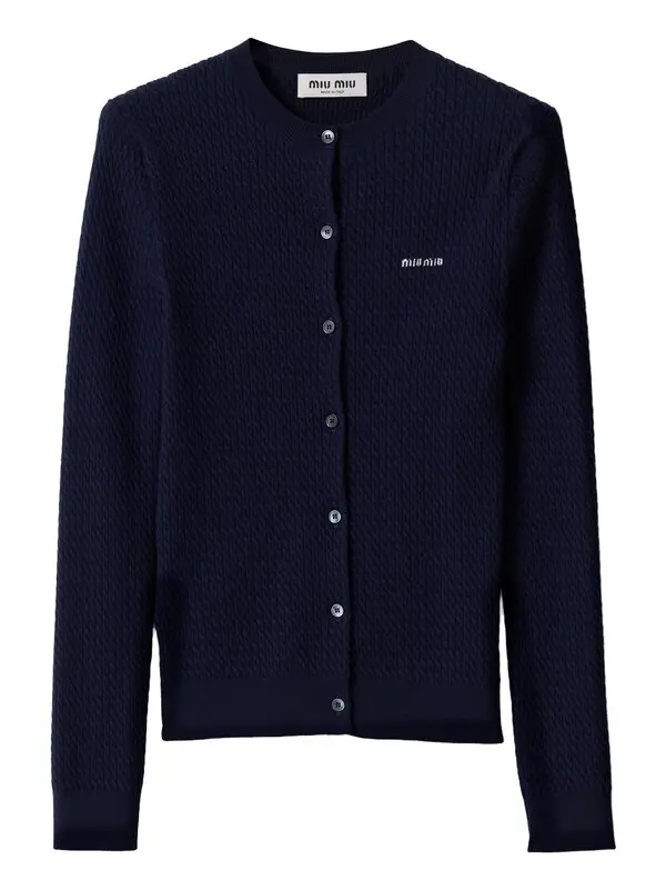 Miu Miu Cable-knit Cashmere And Silk Cardigan - Navy