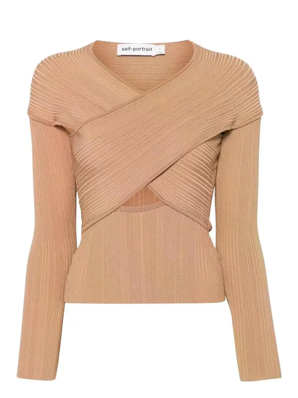 SELF-PORTRAIT Ribbed Wrap Top - Brown