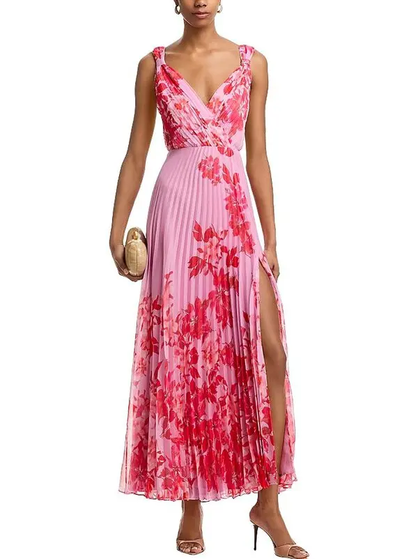Aqua Floral Pleated Maxi Dress - Pink/coral