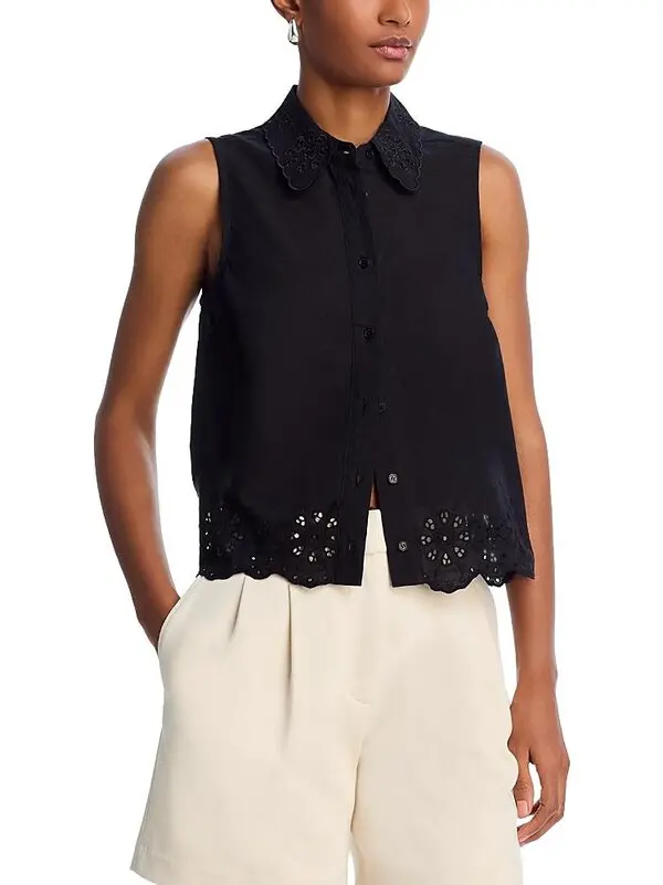 Aqua Eyelet Trim Sleeveless Shirt - Black