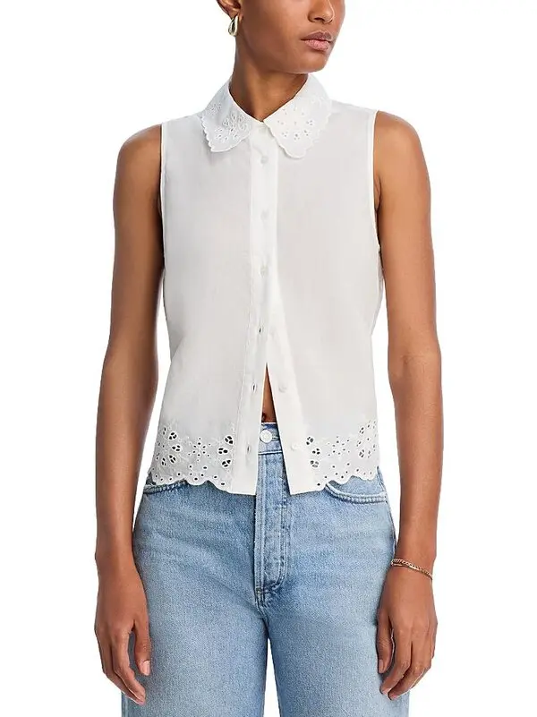 Aqua Eyelet Trim Sleeveless Shirt - White