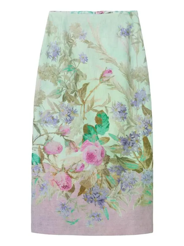 La DoubleJ Floral Stamp Pencil Skirt - Green