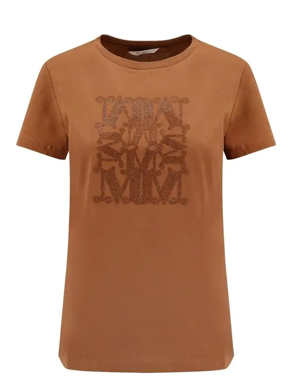 Max Mara Giovane Cotton T-shirt With Rhinestone Logo - Brown