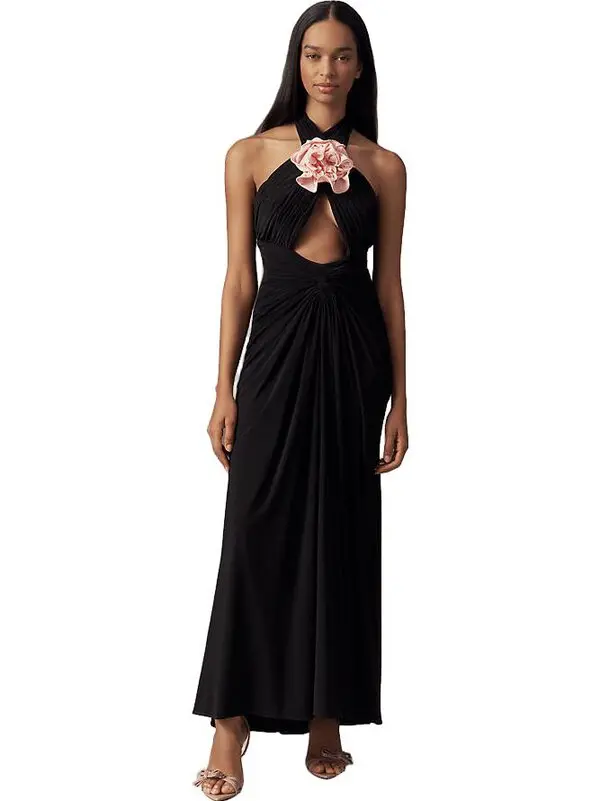 Mac Duggal Halter 3d Rosette Jersey Maxi Dress - Black