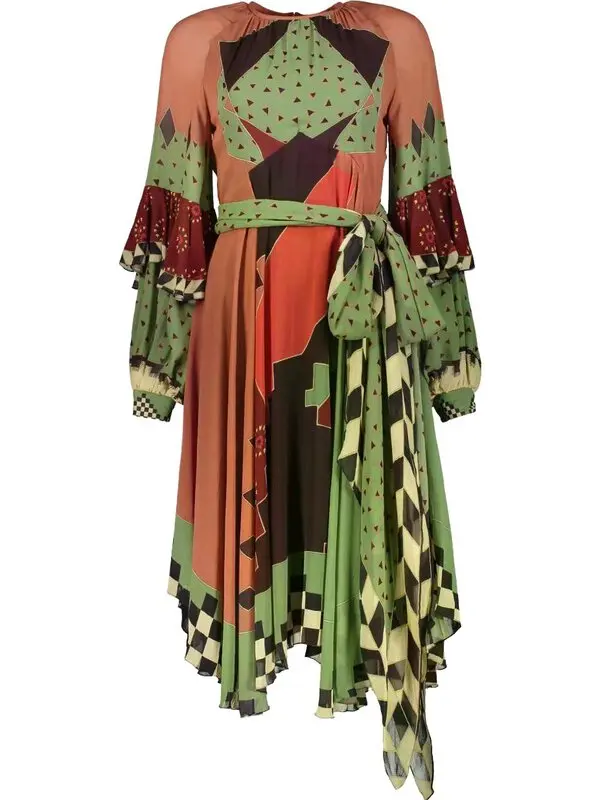 Etro Silk Patchwork Tie Neck Midi Dress - Brown
