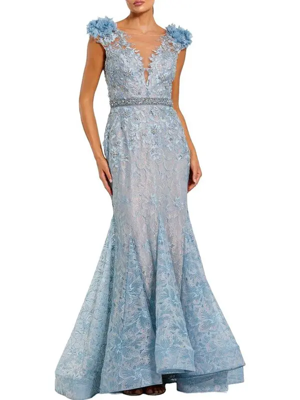 Mac Duggal Embroidered Illusion Trumpet Gown - Powder Blue