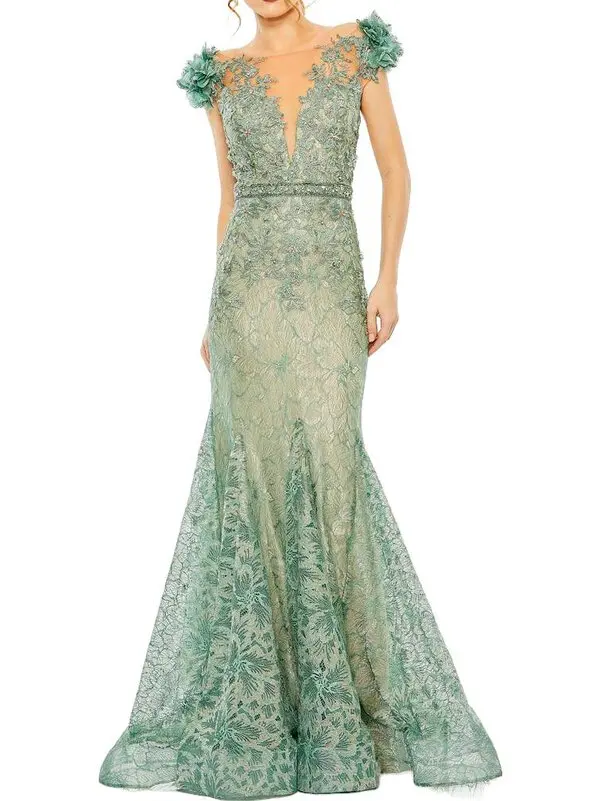 Mac Duggal Embroidered Illusion Trumpet Gown - Sage