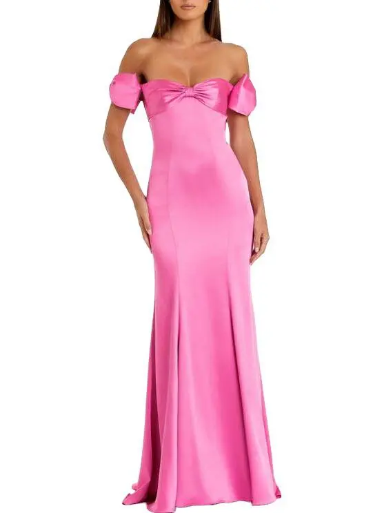 Mac Duggal Off-the-shoulder Bow Satin Mermaid Gown - Pink