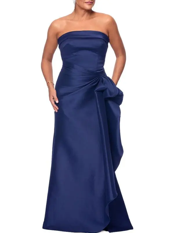 XSCAPE EVENINGS Strapless Cascade Ruffle Mermaid Gown - Navy