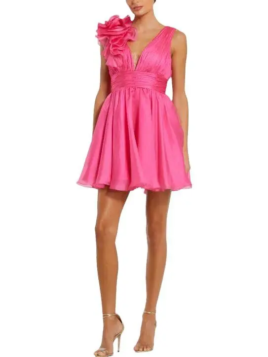 Mac Duggal Ruffle V-neck Fit & Flare Mini Dress - Hot Pink