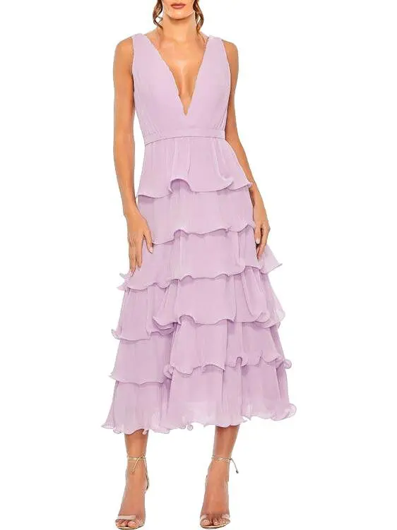 Mac Duggal Deep V Chiffon Midi Dress - Orchid