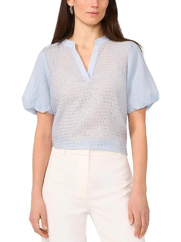 Vince Camuto Sequined Puff Sleeve Top - Lake Breeze