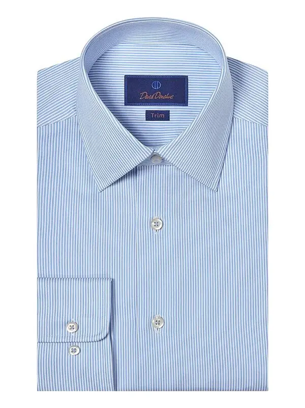 David Donahue Trim Fit Fine Line Twill Stripe Dress Shirt - White/blue