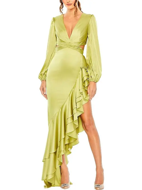 Mac Duggal Cut Out Asymmetrical Ruffle Gown - Pistachio