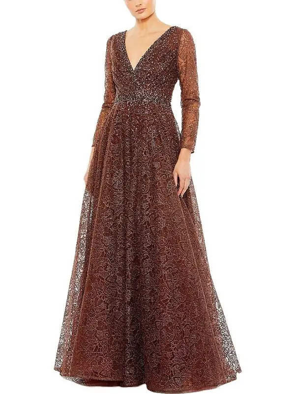 Mac Duggal Embellished V-neck Long Sleeve A-line Gown - Chocolate