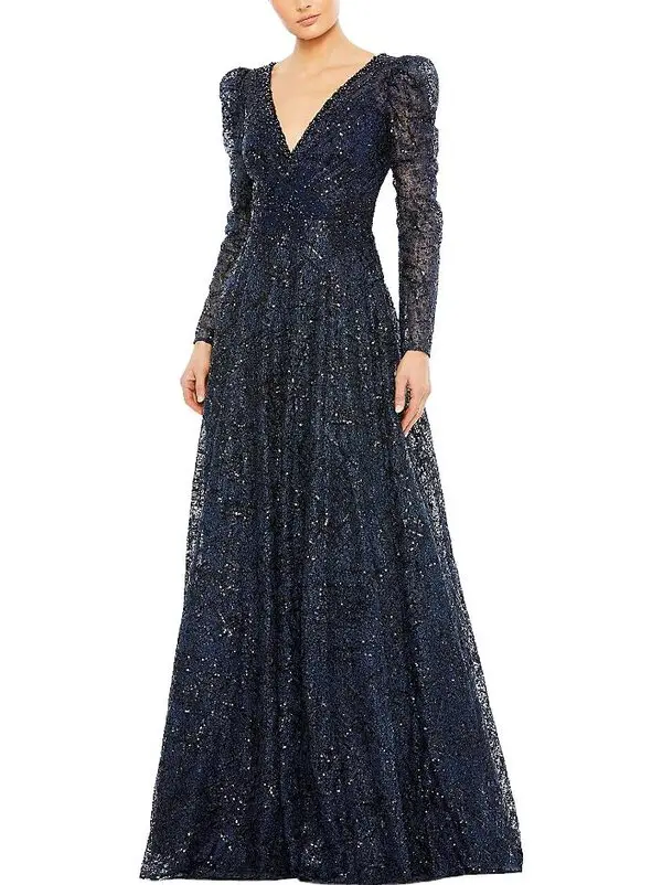 Mac Duggal Embellished V-neck Long Sleeve A-line Gown - Midnight
