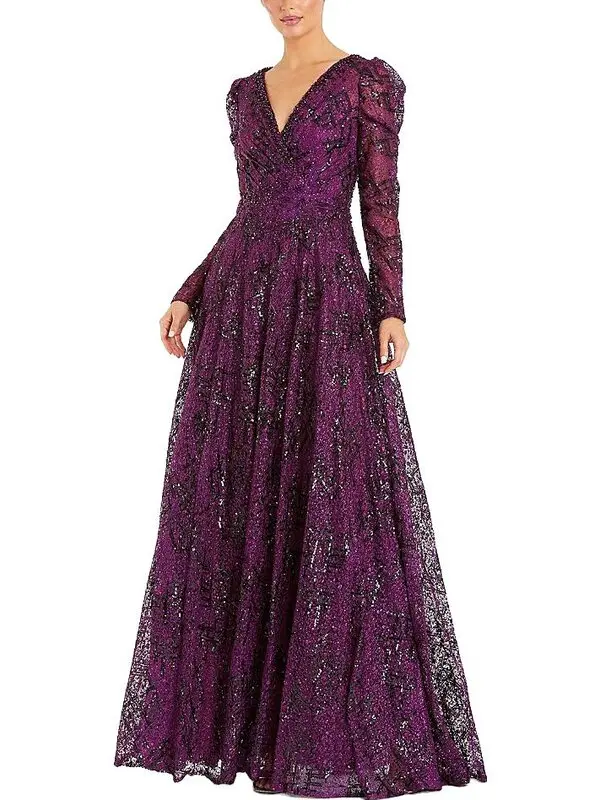 Mac Duggal Embellished V-neck Long Sleeve A-line Gown - Plum