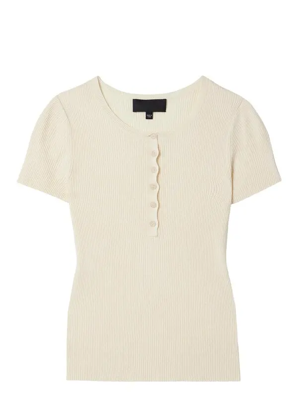 NILI LOTAN Francene Ribbed Silk Henley T-shirt - Ivory