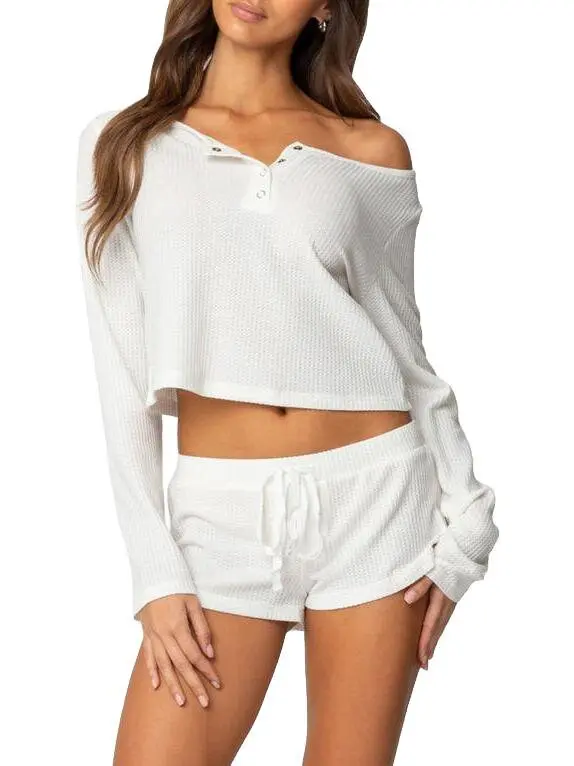 EDIKTED Teddy Waffle Knit Crop Henley - White