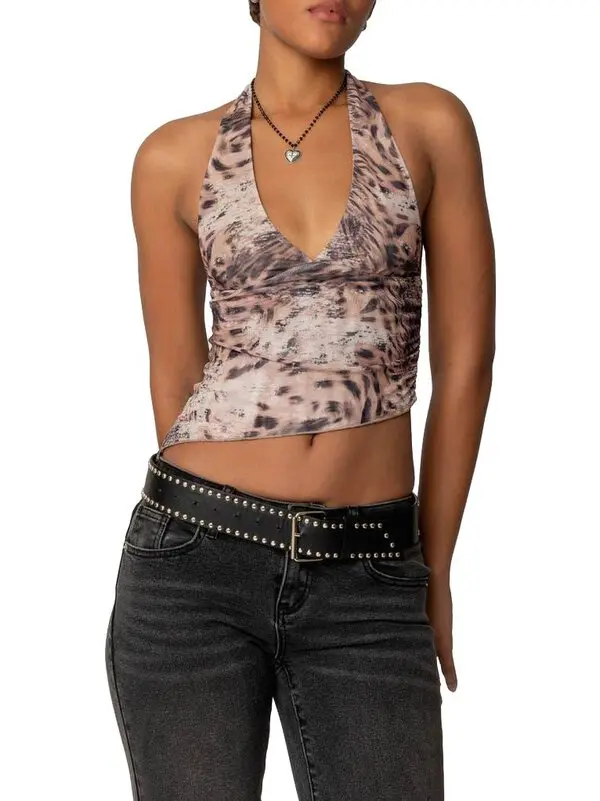 EDIKTED Print Asymmetric Mesh Halter Top - Leopard