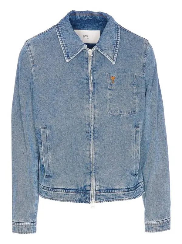Ami Denim Jacket With Embroidered Logo - Blue