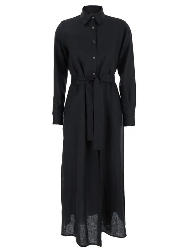 PLAIN Linen Dress With Adjustable Belt - Black